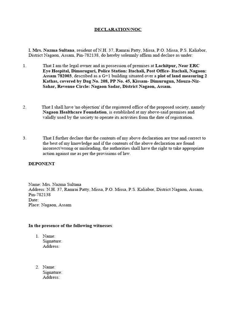 Declaration, NOC | PDF