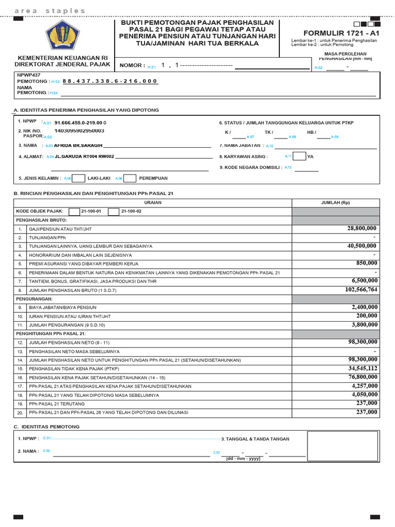 Formulir 1721-A1 Bukti Pemotongan Pajak | PDF
