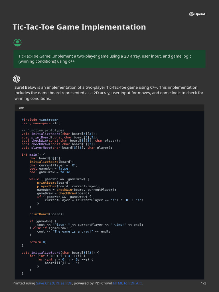 C++ Tic-Tac-Toe Game Implementation | PDF | C++ | Computer Engineering