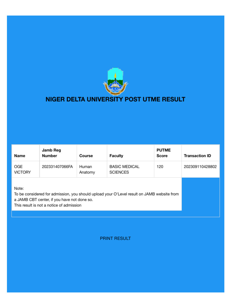 Niger Delta University Post UTME Results | PDF