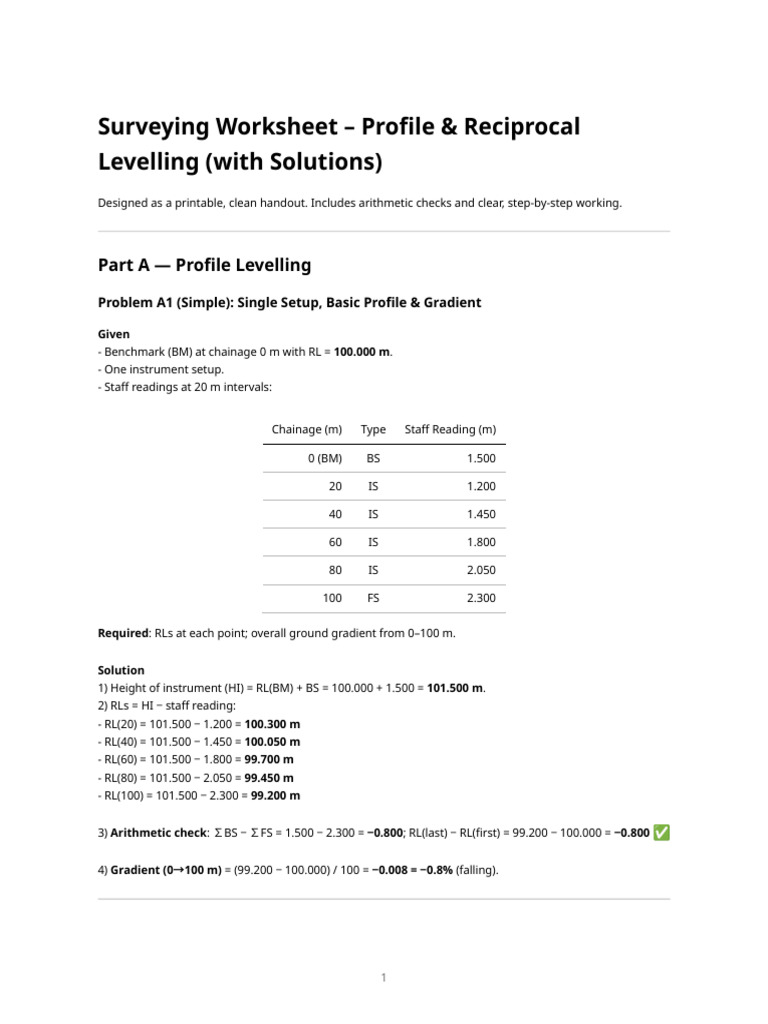 Surveying Worksheet - Profile & Reciprocal Levelling (With Solutions) | PDF