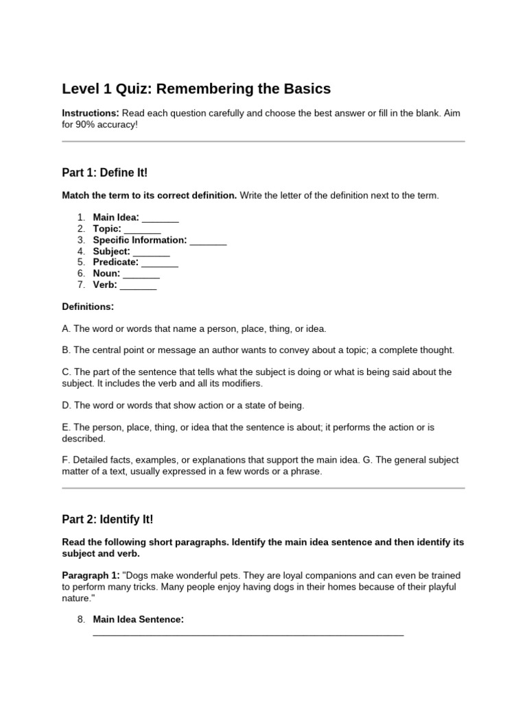 Level 1 Quiz - Remembering The Basics | PDF | Subject (Grammar) | Verb