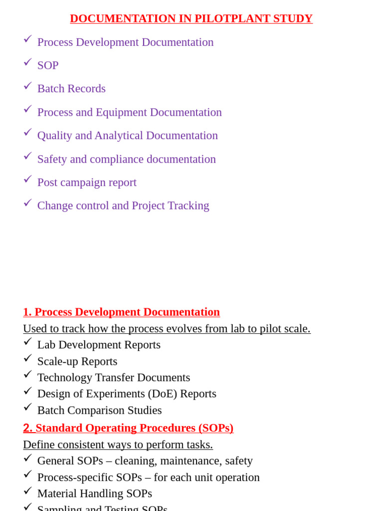 Pilot Plant Documentation Overview | PDF