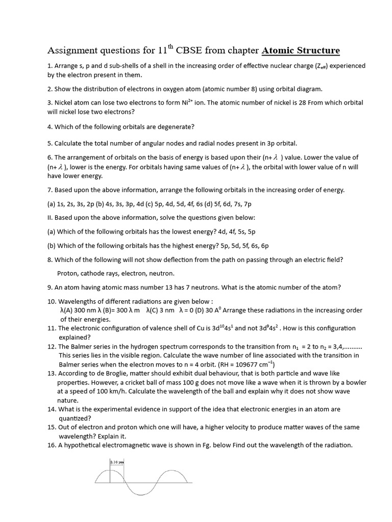 Assignment Questions For 11th CBSE From Chapter Atomic Structure | PDF | Atomic Orbital | Electron