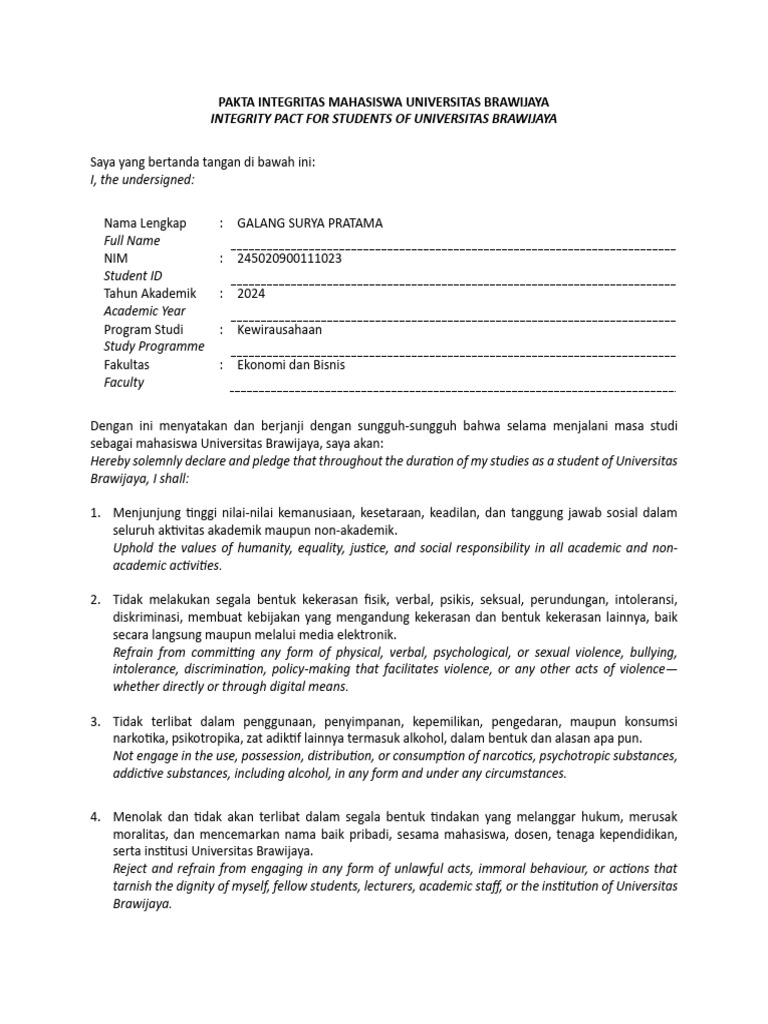 Pakta Integritas Mahasiswa UB - Rev | PDF