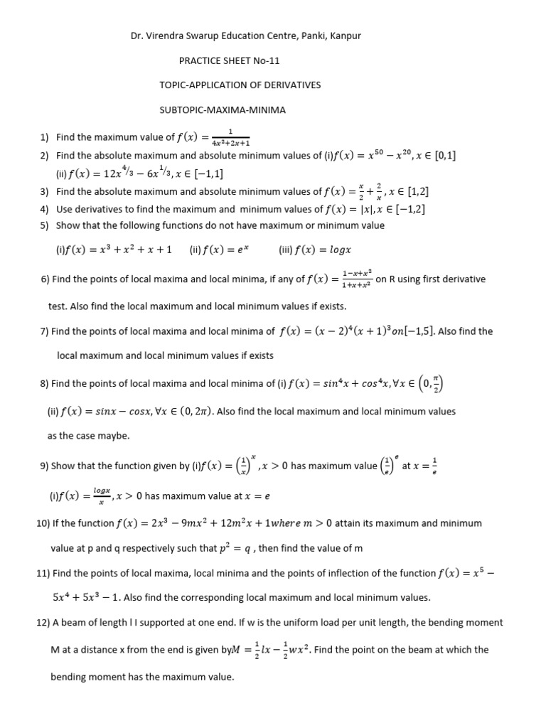Practice Sheet Application of Derivatives (Maxima-Minima) | PDF | Area | Sphere