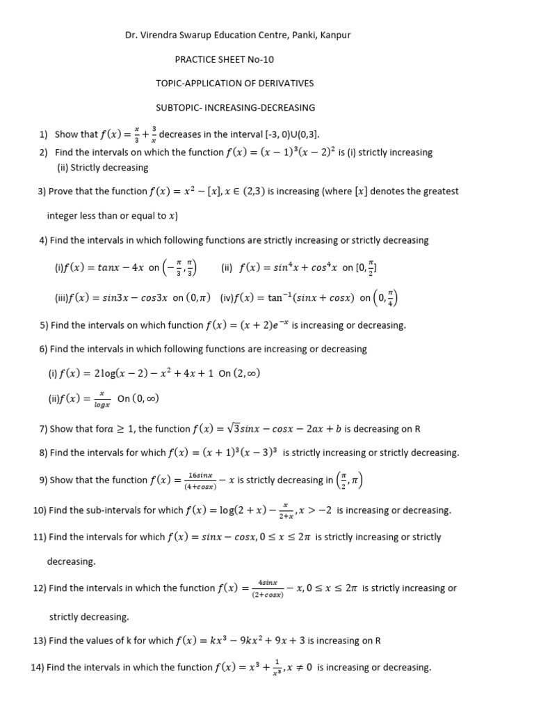 Application of Derivatives: Increasing/Decreasing Functions | PDF ...