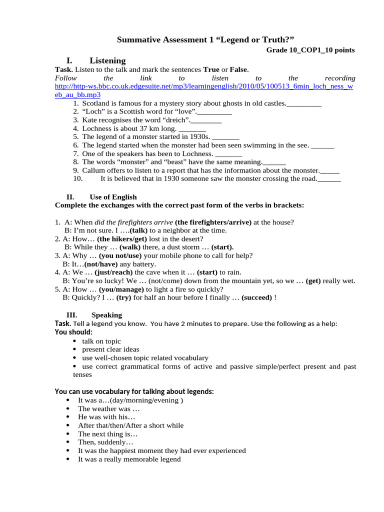 Grade 10 Summative Assessment: Legends | PDF | Languages | Foreign ...