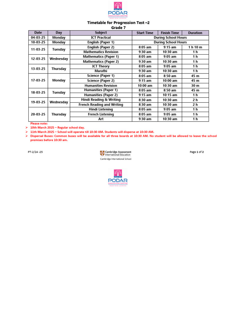 Grade 7 Progression Test Timetable | PDF
