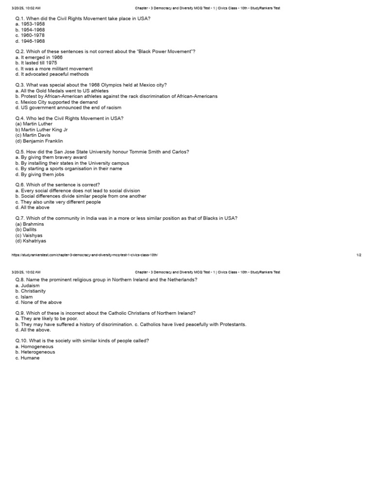 MCQ Test on Democracy & Diversity | PDF | The United States