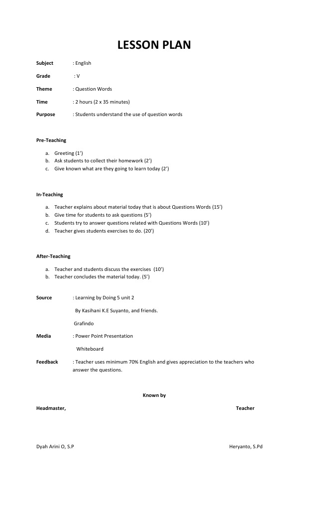 Grade 5 English: Question Words Lesson Plan | PDF