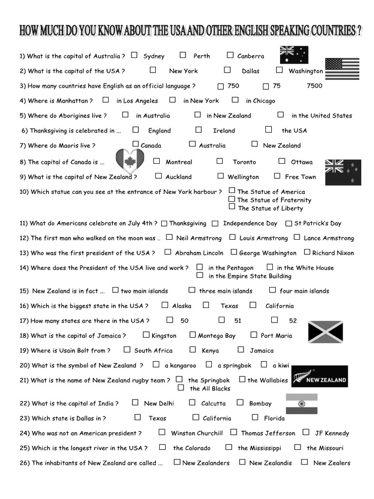 English Speaking Countries - Quiz | PDF
