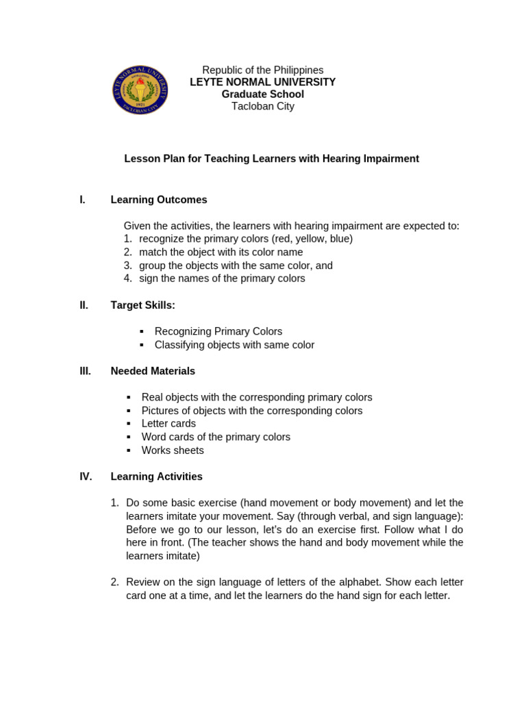 Lesson Plan for Teaching Colors to Deaf Students | PDF | Sign Language ...