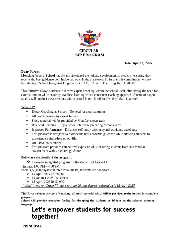 Let's Empower Students For Success Together!: SIP Program | PDF