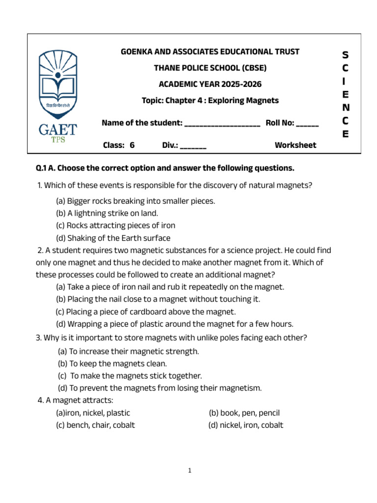 Grade 6 Chapter 4 Exploring Magnets WS | PDF | Magnet | Magnetism