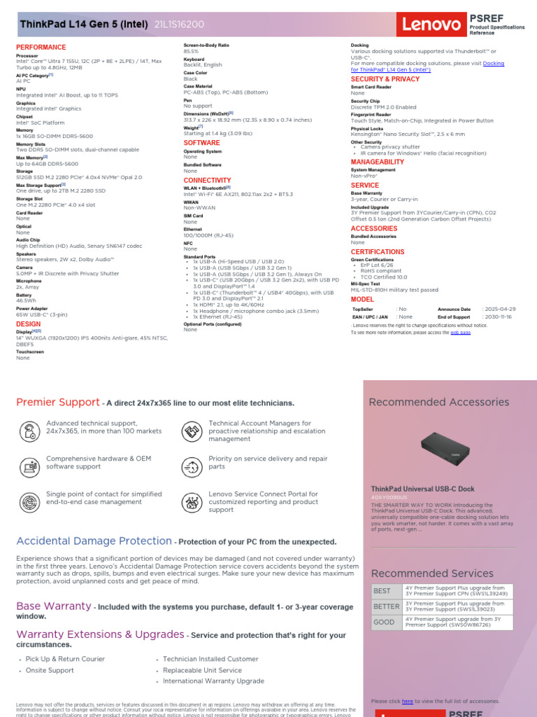 ThinkPad L14 Gen 5 Specifications | PDF | Usb | Computer Hardware