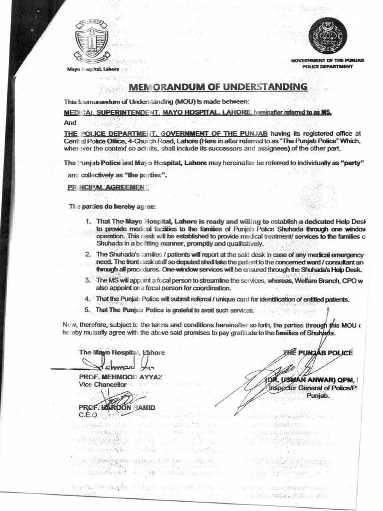 MoU With Mayo Hospital | PDF