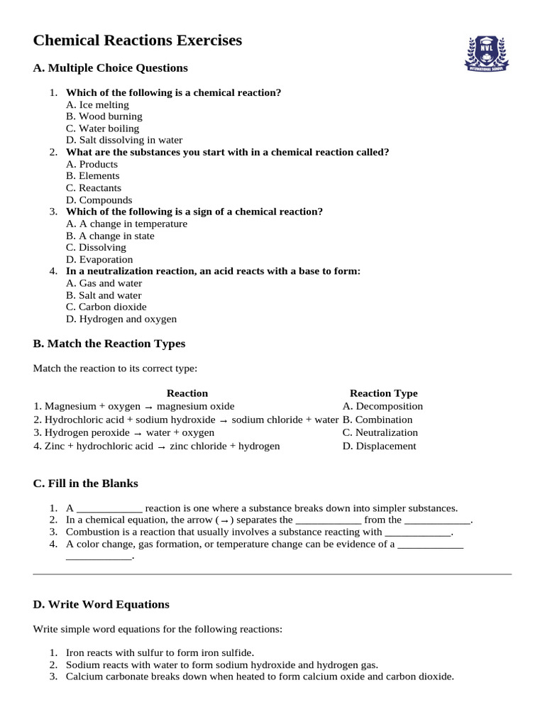Chemical Reactions Exercises | PDF