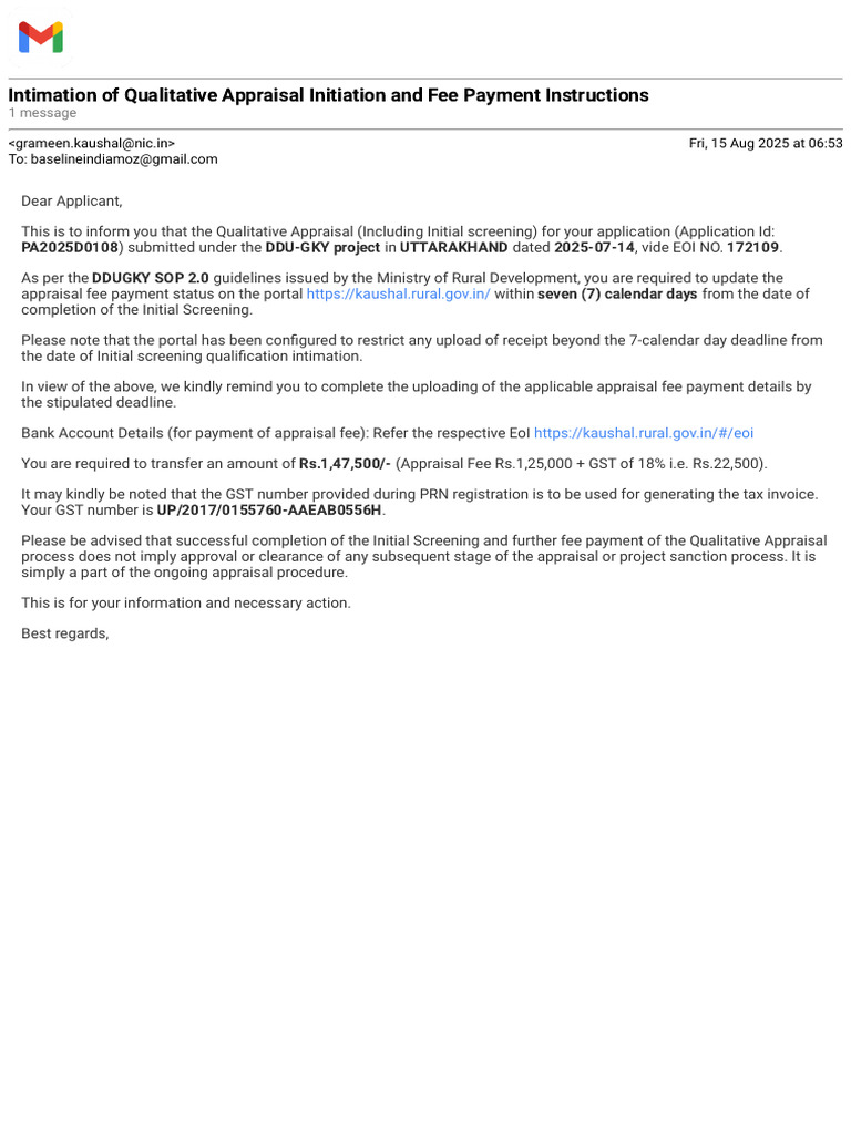 Gmail - Intimation of Qualitative Appraisal Initiation and Fee Payment Instructions | PDF