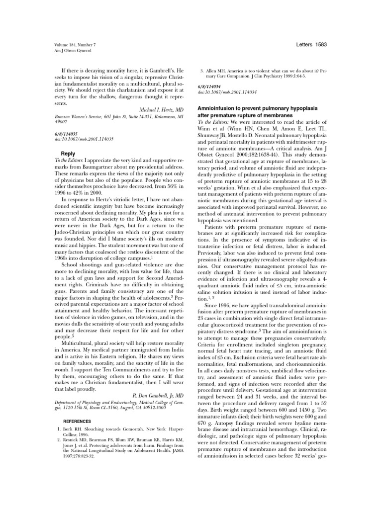 Amnioinfusion to Prevent Pulmonary Hypoplasia Afte | PDF | Preterm Birth | Medical Specialties