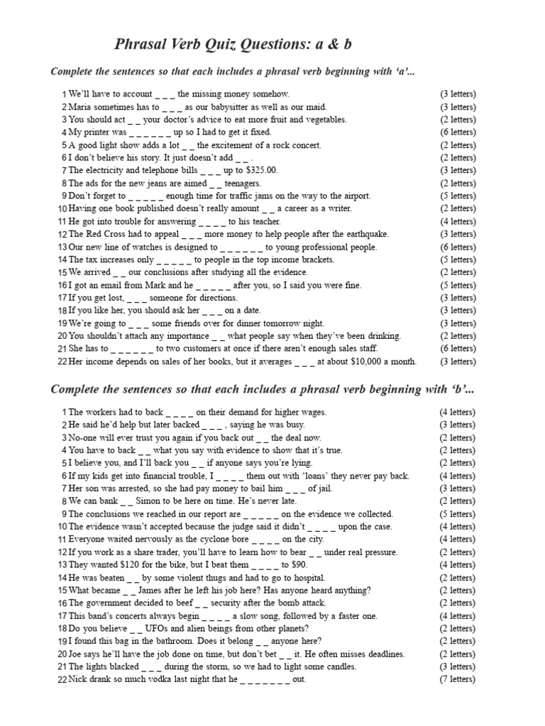 Phrasal Verb Quiz Questions A & B | PDF