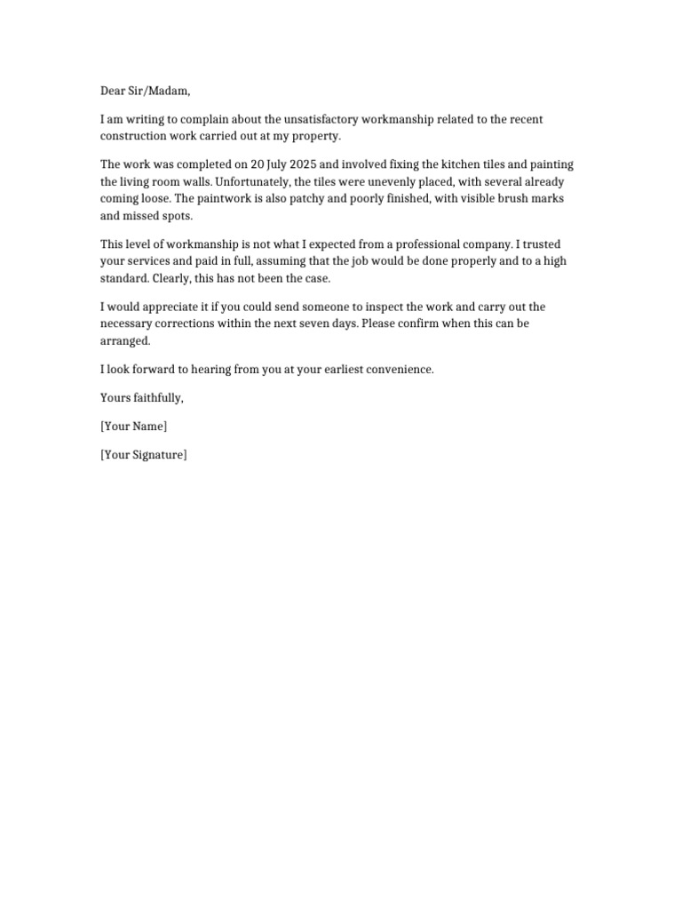 Letter of Complaint Unsatisfactory Workmanship | PDF
