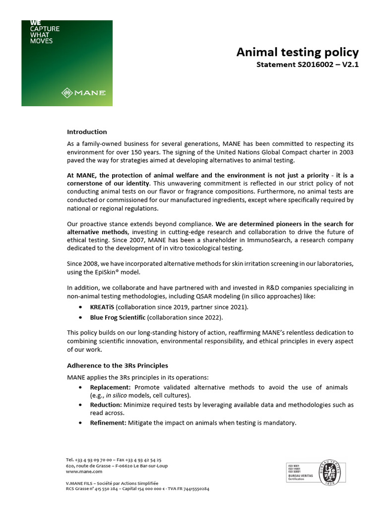 MANE's Animal Testing Policy Overview | PDF | Animal Testing