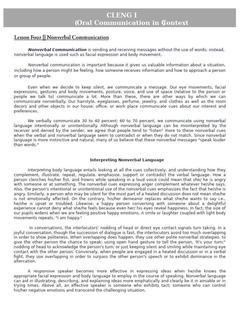 CLENG I Nonverbal Communication | PDF | Nonverbal Communication ...