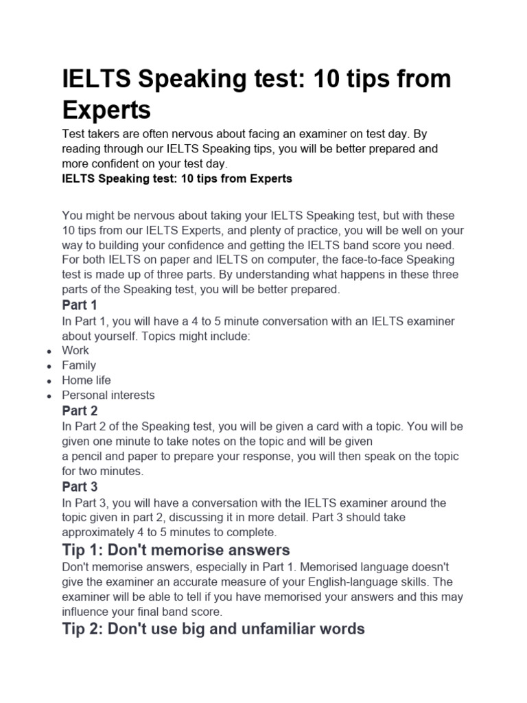 IELTS Speaking Test: 10 Expert Tips | PDF | International English ...