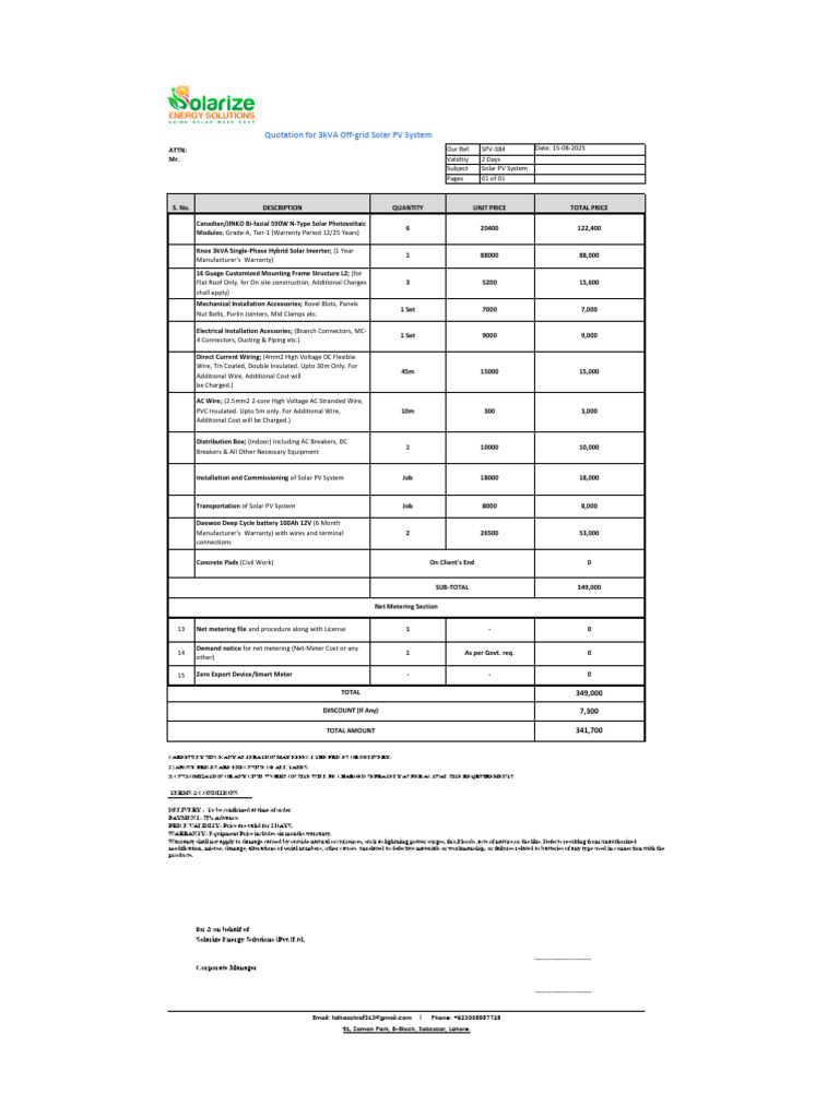Quotation 3kVA Off Grid Solar PV System Non Standard Knox | PDF ...