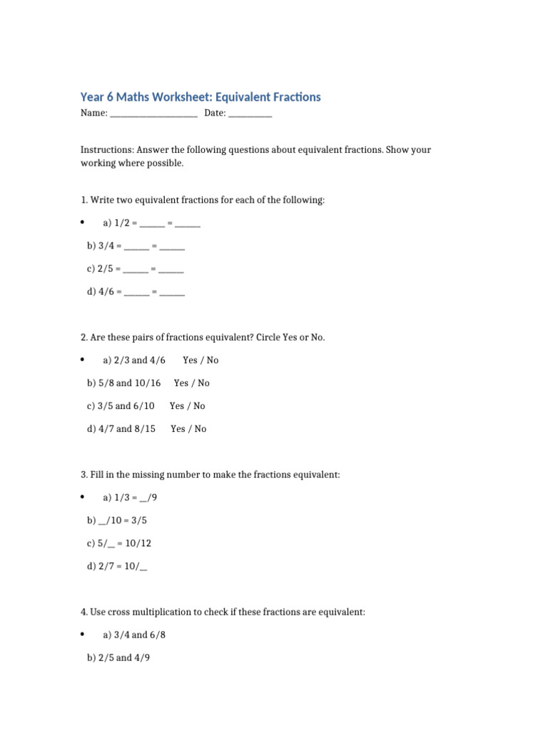 Year 6 Equivalent Fractions Worksheet | PDF