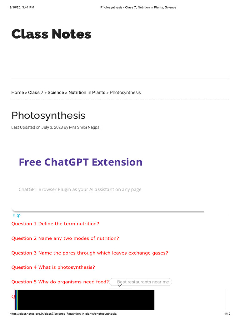Photosynthesis - Class 7, Nutrition in Plants, Science | PDF ...