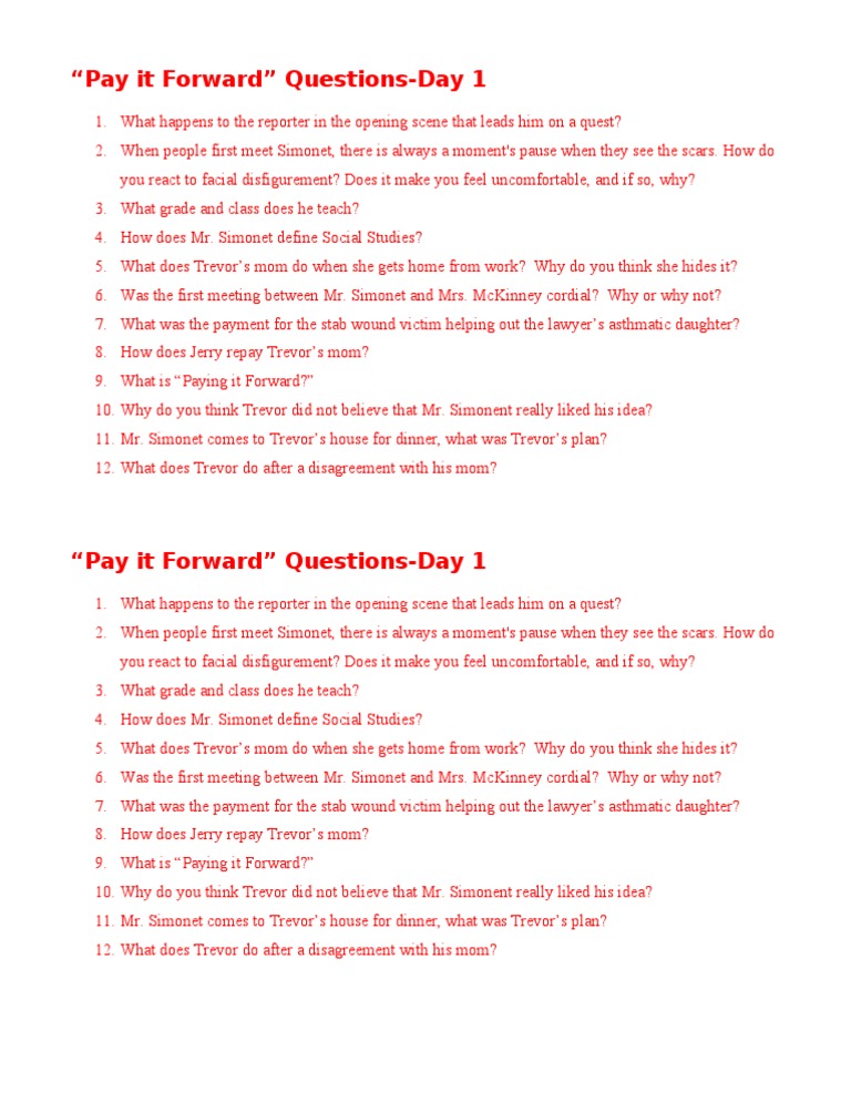 Pay It Forward Discussion Questions | PDF | Self-Improvement