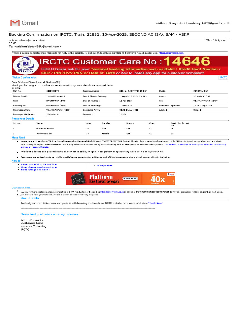 Booking Confirmation On IRCTC, Train - 22851, 10-Apr-2025, SECOND AC ...