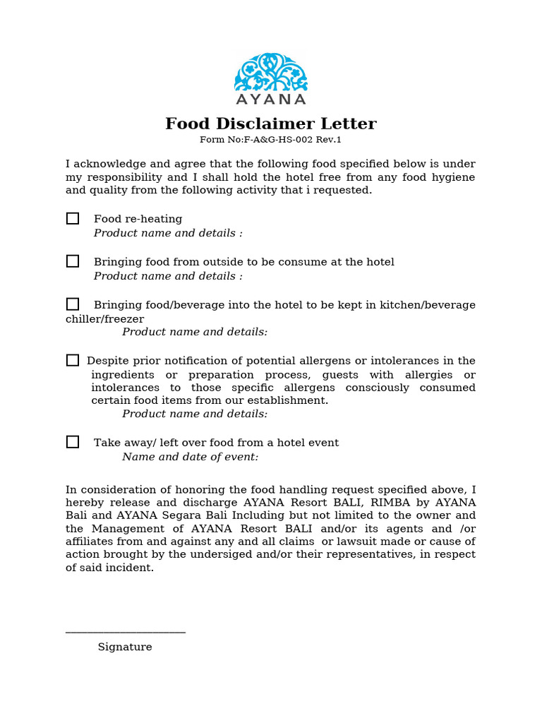 F AG HS 002 Food Disclaimer Rev.1 | PDF