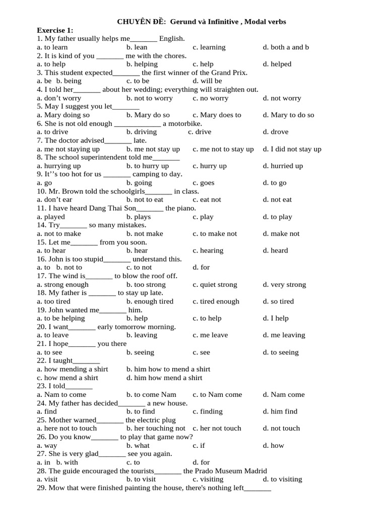 Gerunds, Infinitives, and Modals Exercises | PDF | Linguistics | Syntax