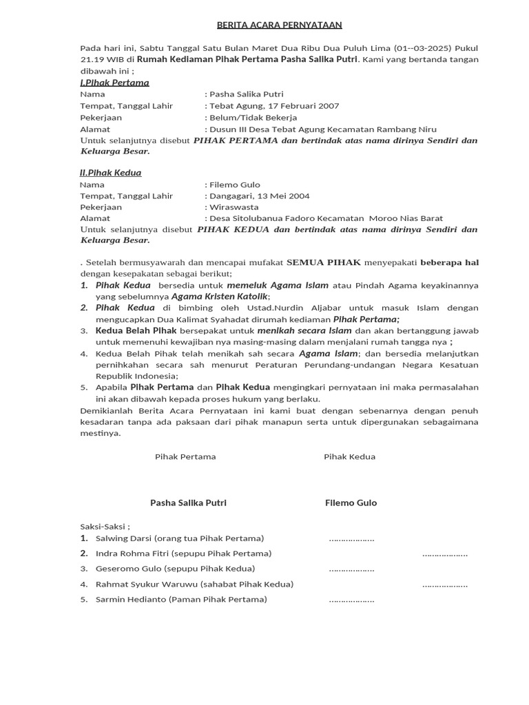 Berita Acara Pernyataan Kak Salwing | PDF
