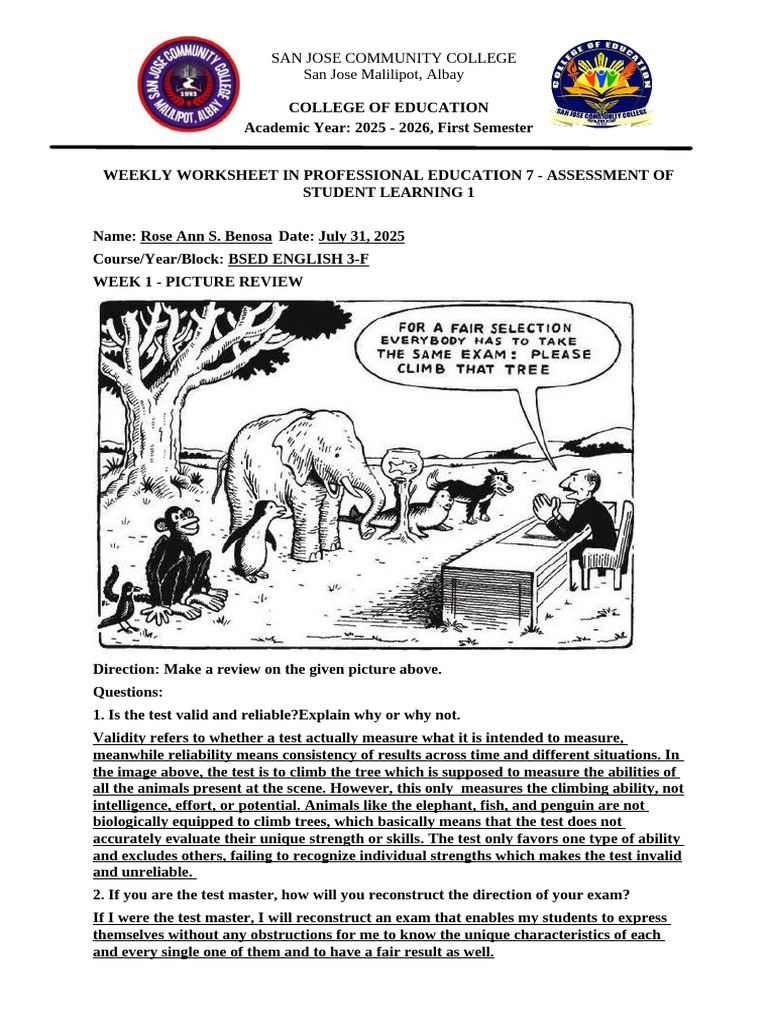 Week 1 - Worksheet in Assessment of Learning (SJCC) | PDF