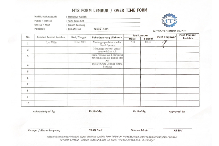 Form Lembur Hafit Juli 2025 | PDF