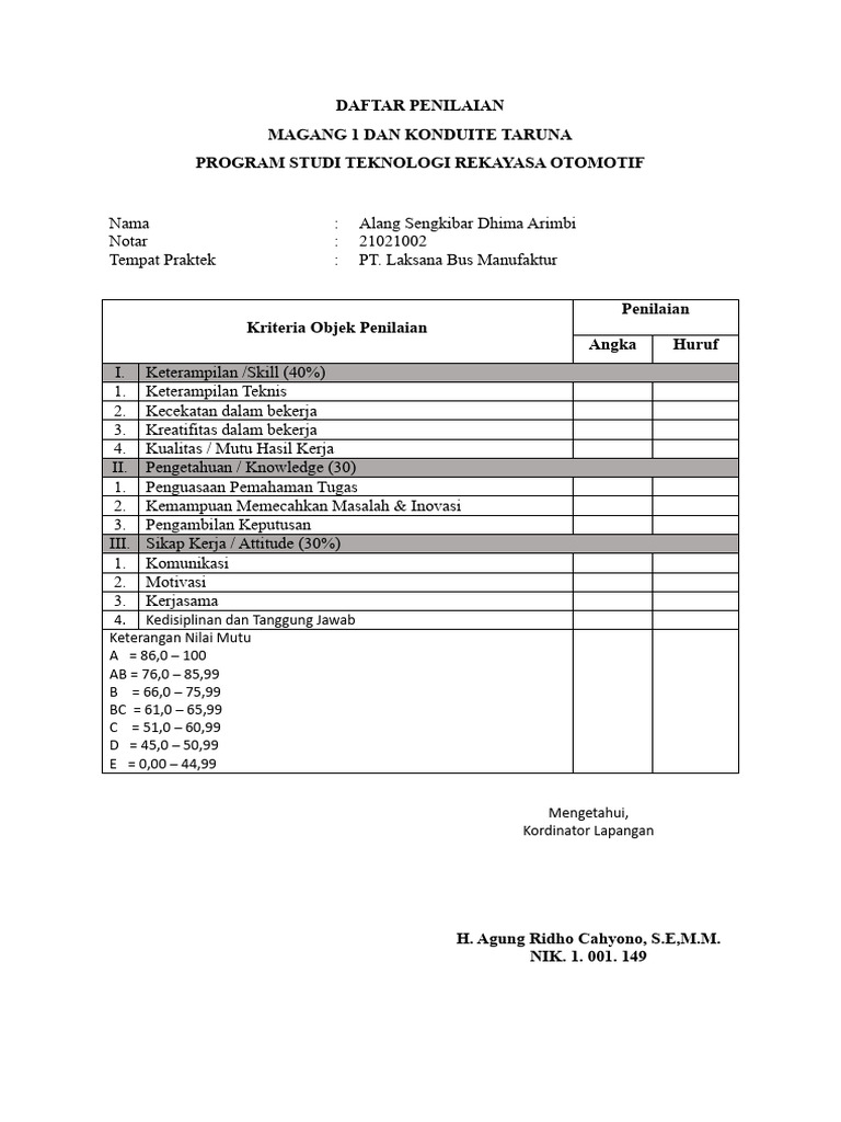 Daftar Penilaian Magang Dhima | PDF