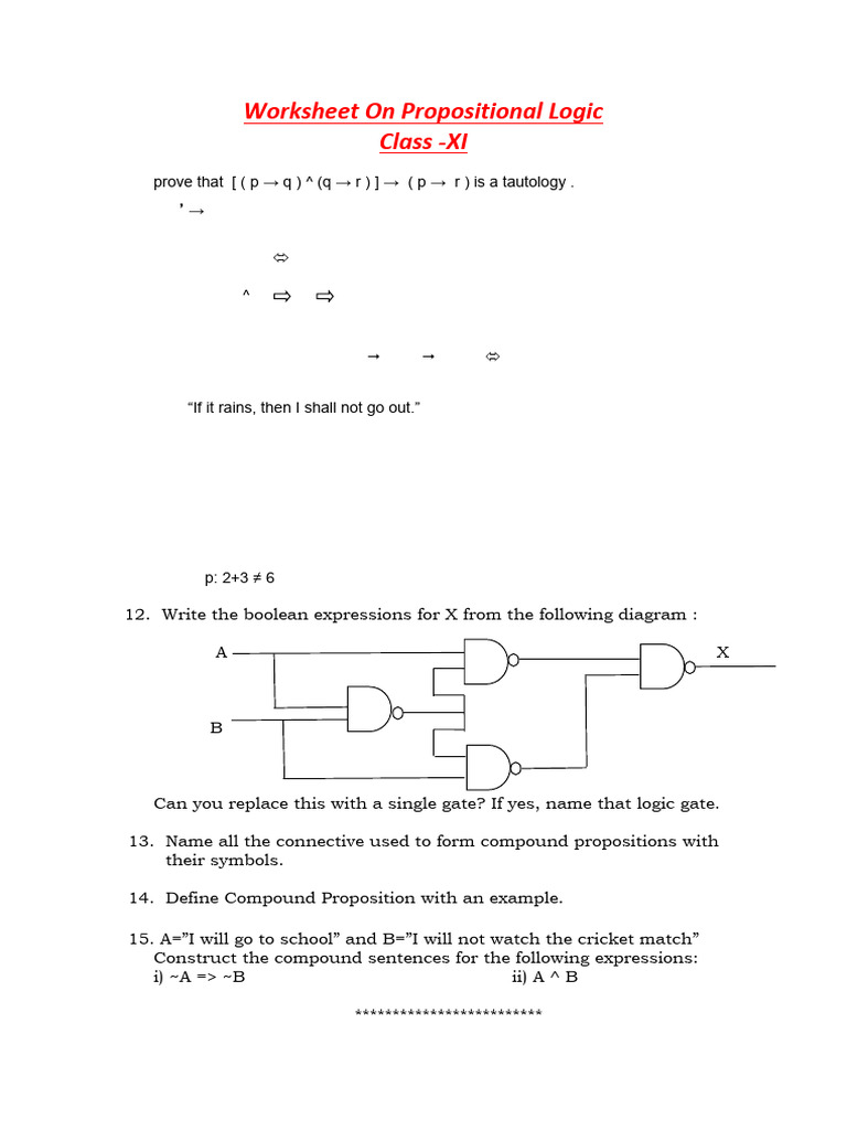 Propositional Logic Worksheet for Class XI | PDF