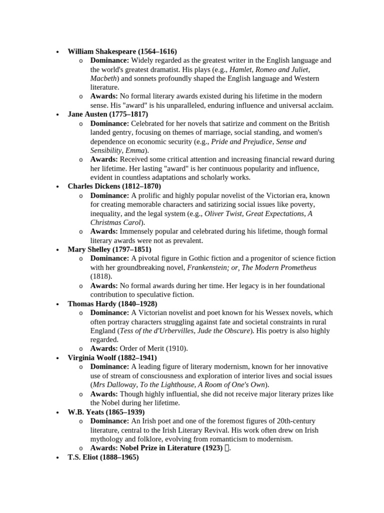 British-American Literature Dominant Author and Award | PDF | Victorian ...