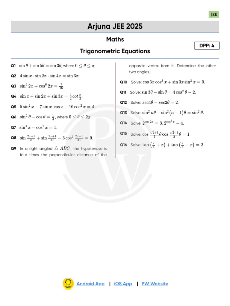 Trigonometric Equations DPP 04 Extra DPP Arjuna JEE 2025 | PDF | Euclidean Geometry | Angle