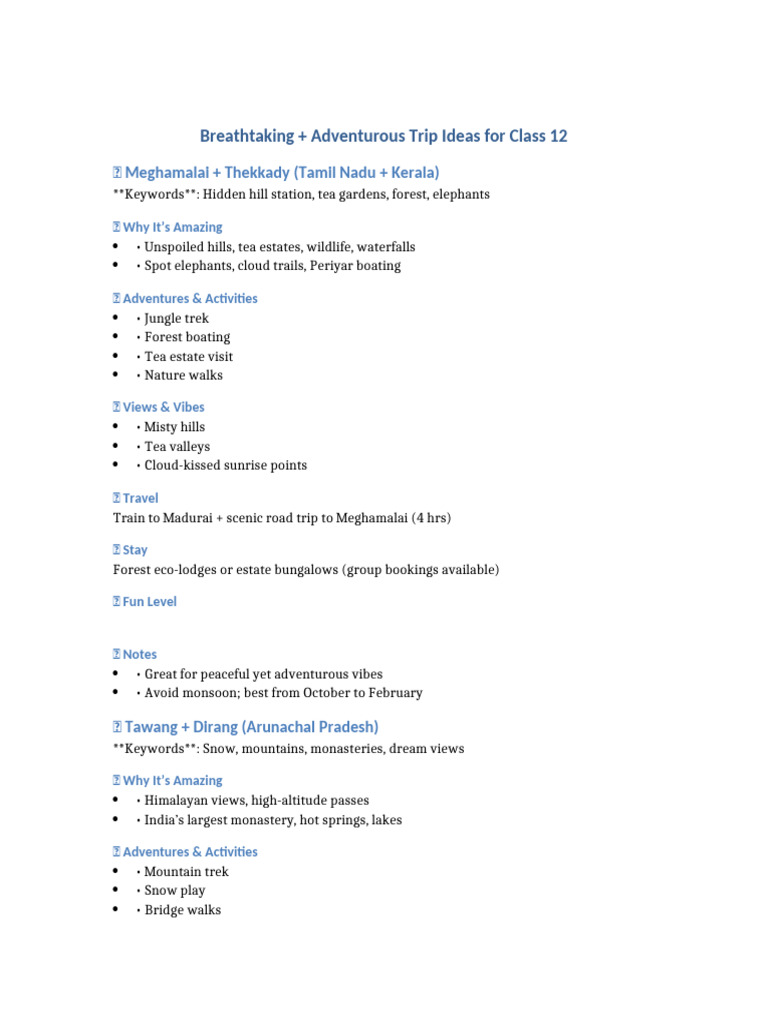 Adventurous Trip Ideas for Class 12 | PDF