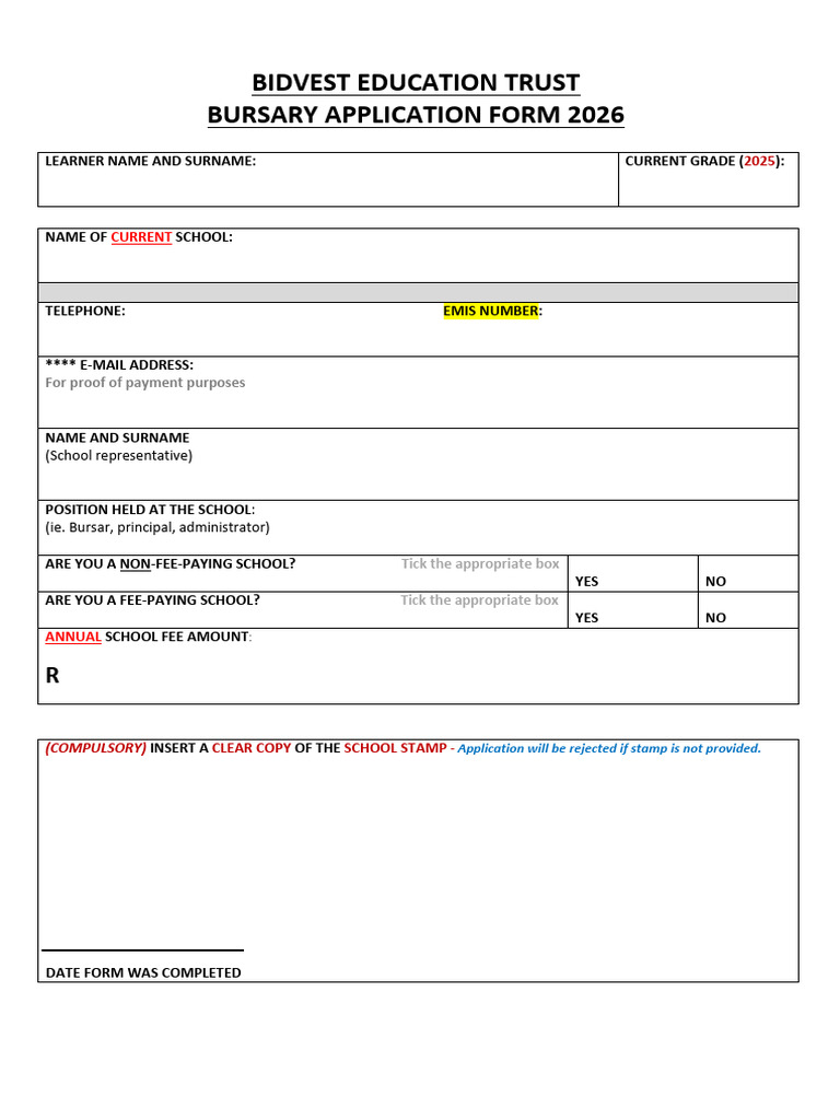 Bursary Application Form 2026 | PDF