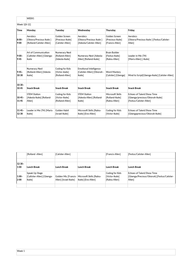 Weekly Schedule for Activities and Classes | PDF | Cognition