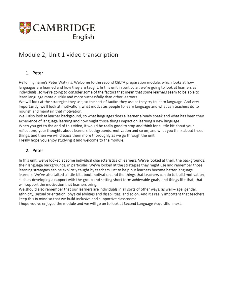 Transcript CELTA Module 2 Unit 1 | PDF