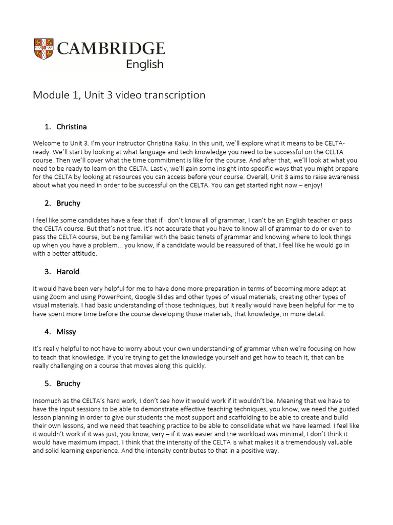 Transcript CELTA Module 1 Unit 3 | PDF | Knowledge | Behavior Modification