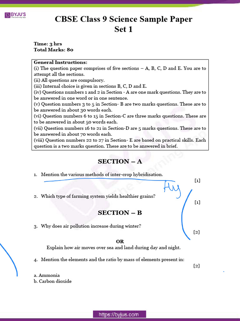 CBSE Class 9 Science Sample Paper | PDF | Force | Gravity