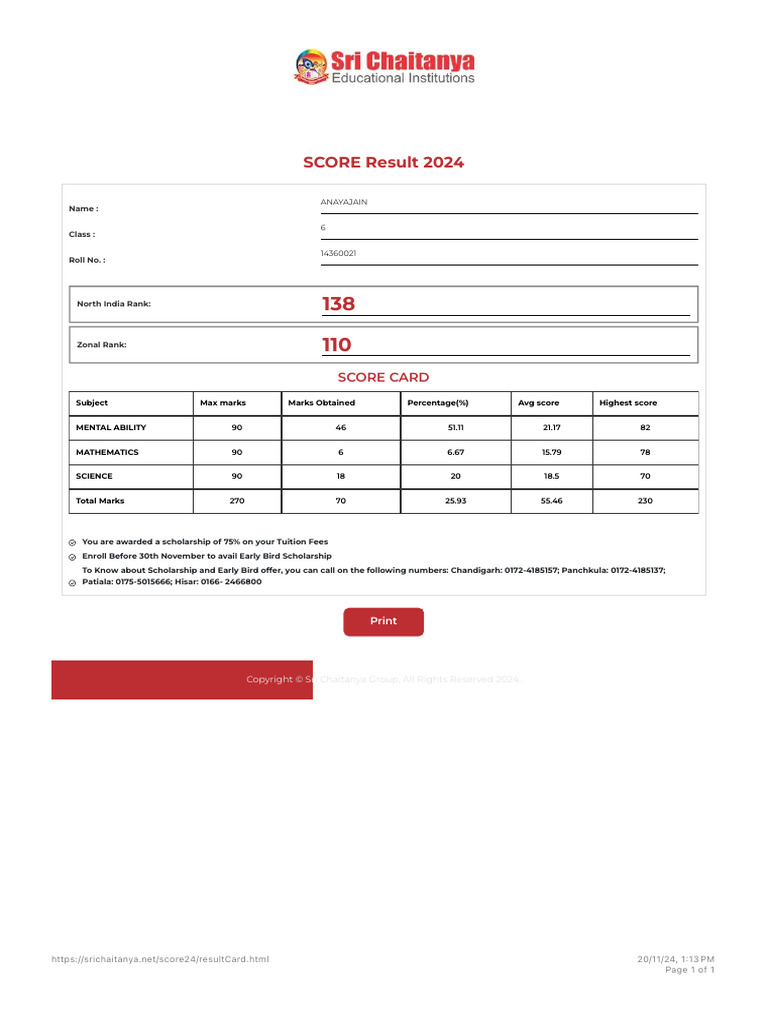 Sri Chaitanya Score Result 2024 | PDF